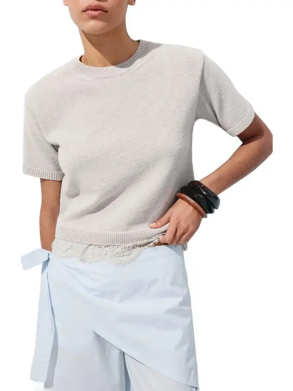 Mango Lace Trim Short Sleeve Crewneck Sweater - Light/pastel Grey