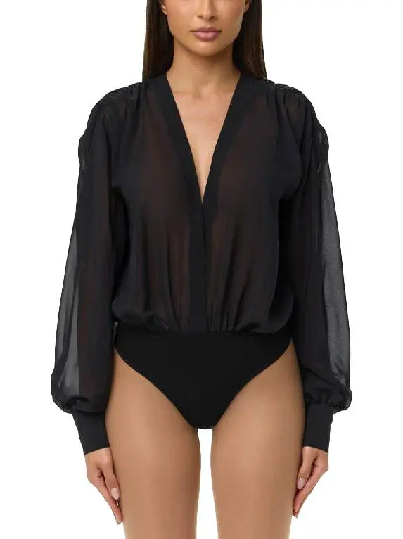 Naked Wardrobe Chiffon V-neck Blousy Bodysuit - Black