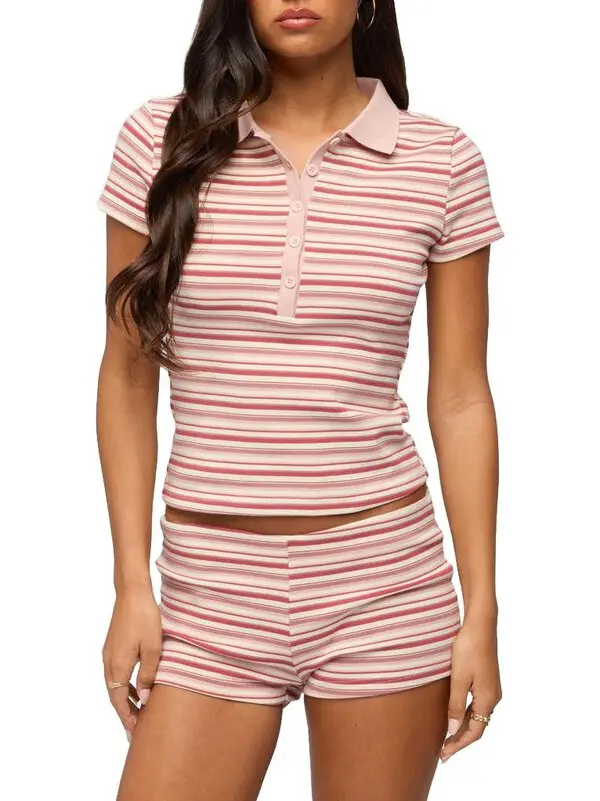 EDIKTED Noelia Striped Polo Top - Pink