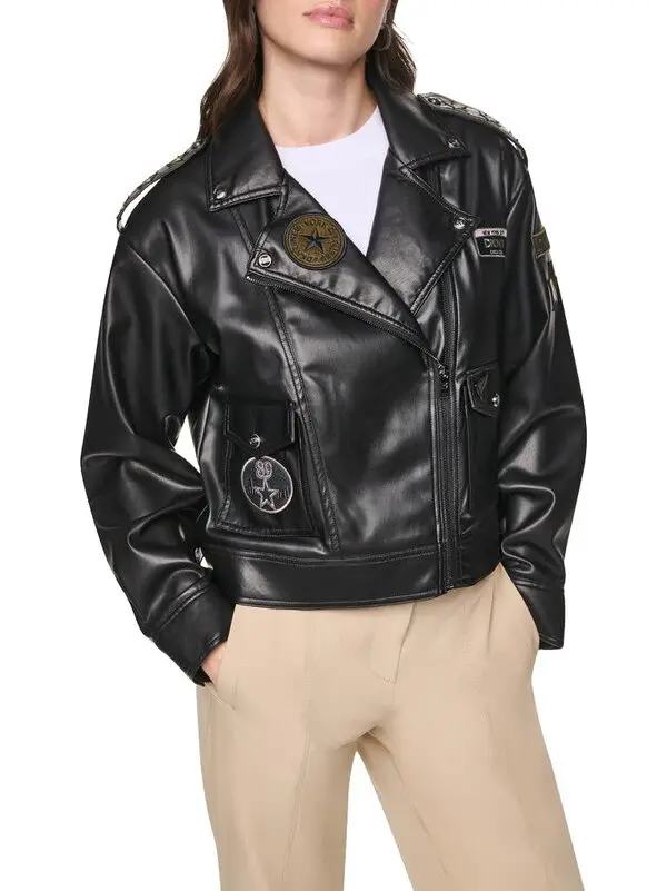 Dkny Faux Leather Patch Embellished Bomber Jacket - Black