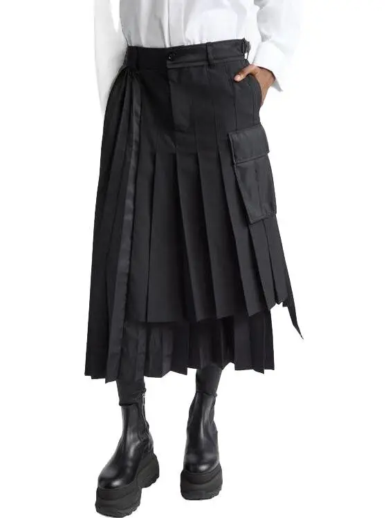 Sacai Pleated Mixed Media Midi Skirt - Black