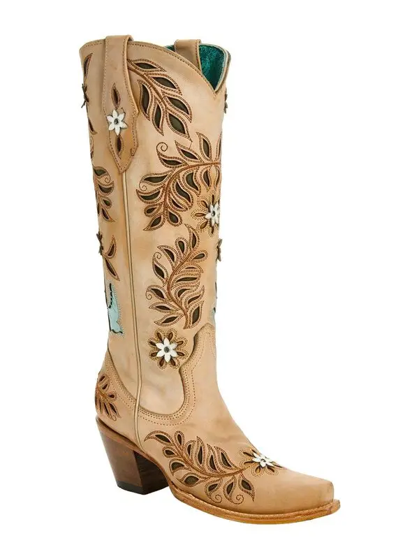 CORRAL Flower & Bird Cutout Cowboy Boots - Straw