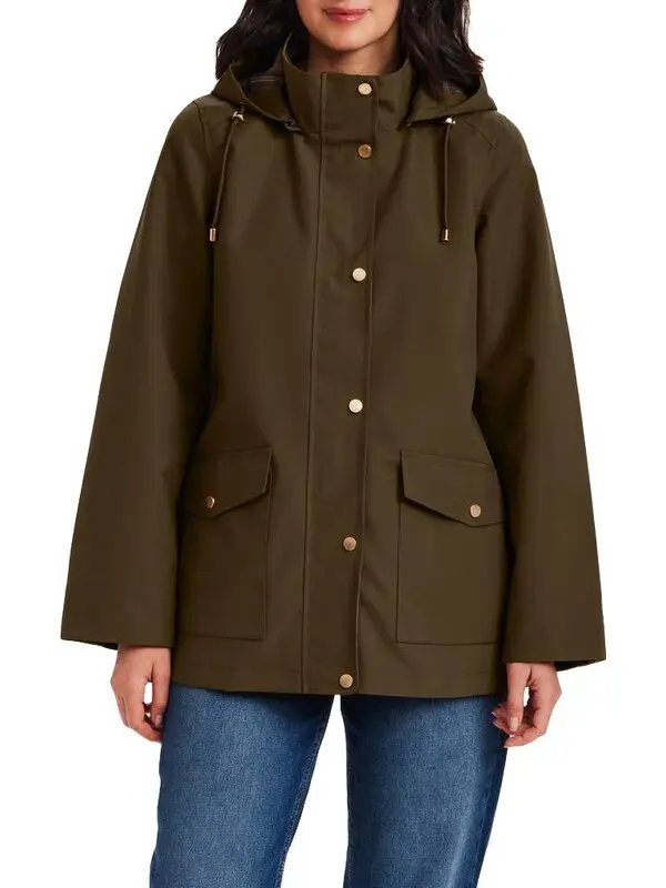 Gallery Water Resistant Hooded Raincoat With Plaid Lining - Olive