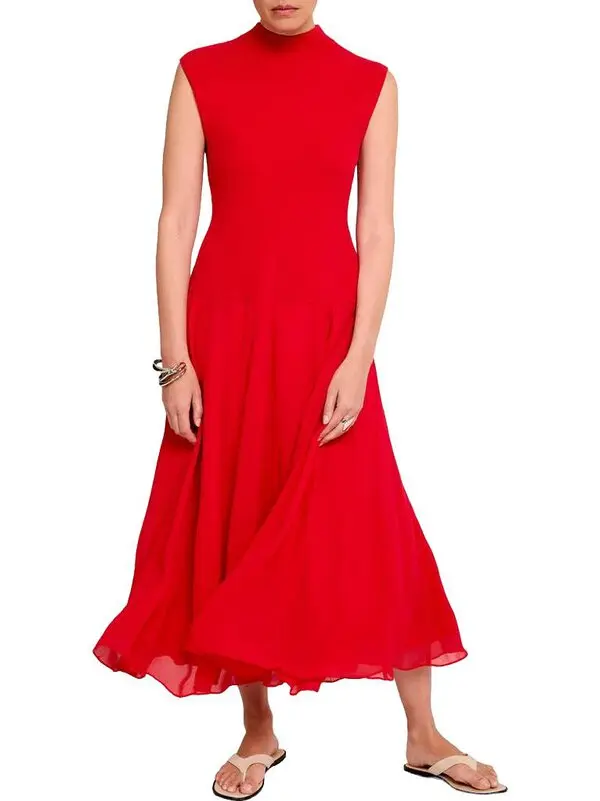 Mint Velvet Sleeveless High Neck Drop Waist Knit Midi Dress - Red