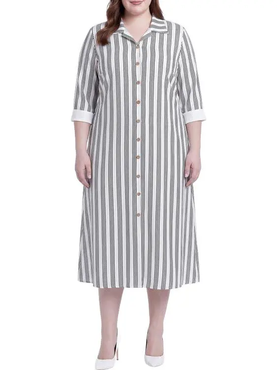 STANDARDS & PRACTICES Stripe Button-up Midi Shirt Dress - Light Grey