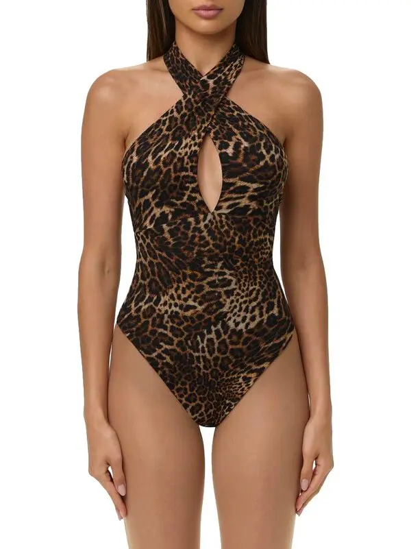 Naked Wardrobe Twist Neck Animal Print Bodysuit - Spotted Leopard