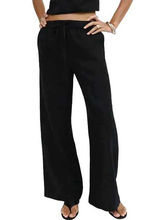 Mango Linen Wide-leg Pants - Black