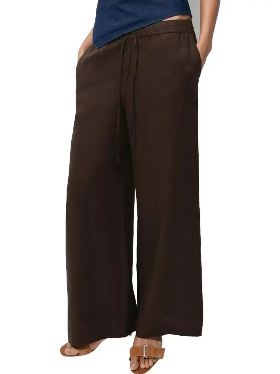 Mango Linen Wide-leg Pants - Chocolate