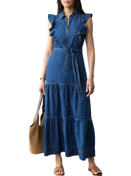 Mint Velvet Denim Ruffle Maxi Shirt Dress - Blue