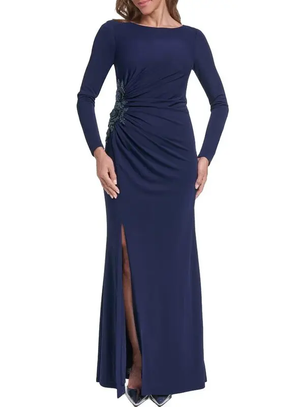 Eliza J Beaded Detail Side Ruched Long Sleeve Gown - Navy