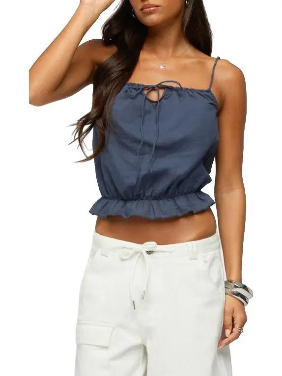 EDIKTED Keyhole Tie Front Cropped Top - Navy
