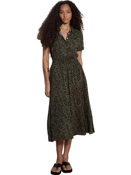 APRICOT Leopard Print Collared Shirt Midi Dress - Khaki
