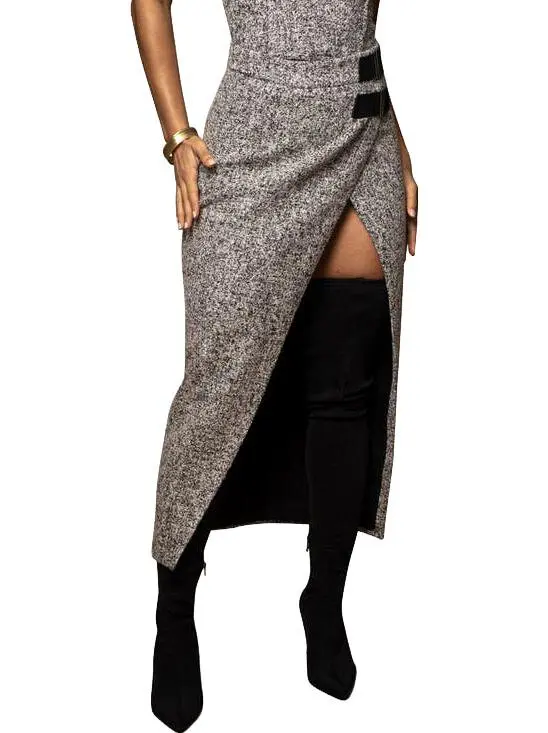 JLUXLABEL Giselle Tweed Skirt With Buckled Detail And Slit - Gray