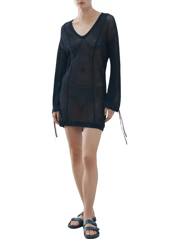 Mango Open Knit V-neck Long Sleeve Mini Dress With Cuff Ties - Navy