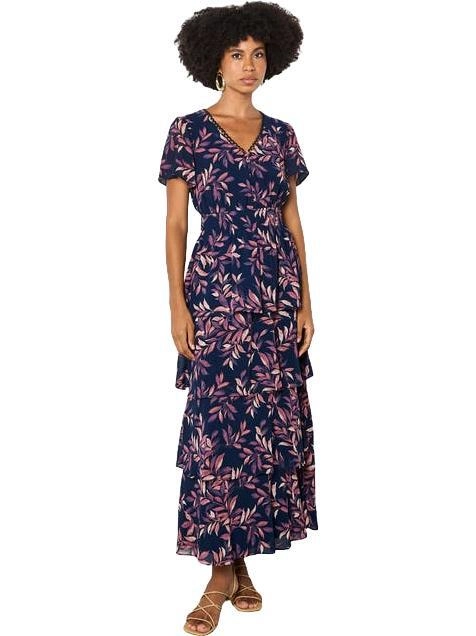 APRICOT Tiered Leaf Print Maxi Dress - Navy