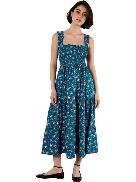 APRICOT Floral Print Smocked Tiered Midi Dress - Blue
