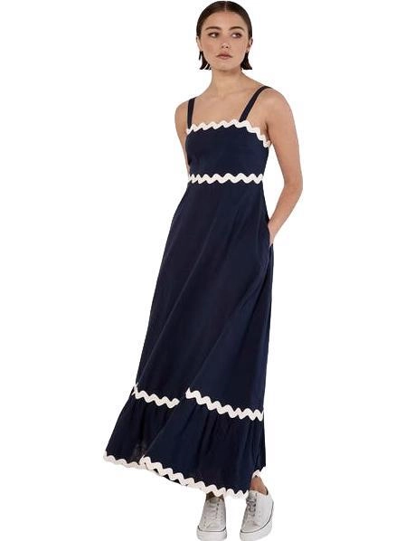 APRICOT Rick Rack Trim Trapeze Midaxi Dress - Navy