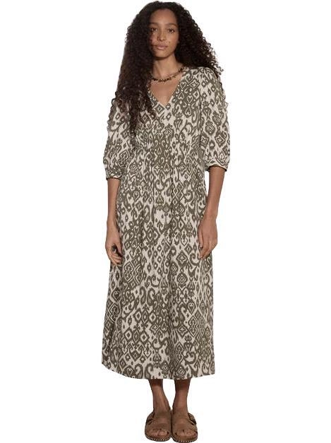APRICOT Ikat V-neck 3/4 Sleeve Midi Dress - Khaki