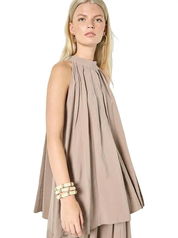 APRICOT Pleat Detail Tunic Top With High Neck - Stone