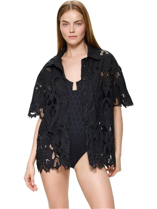 GOTTEX Guipure Lace Short Sleeve Shirt Cover-up - Black