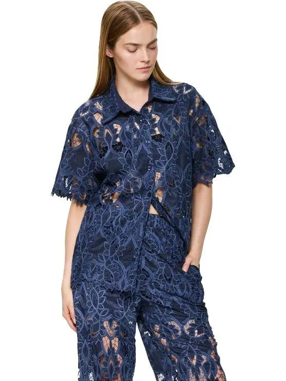 GOTTEX Guipure Lace Short Sleeve Shirt Cover-up - Navy