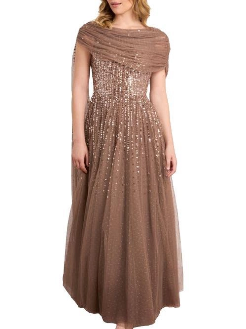 NEEDLE & THREAD Moonlight Sequin Draped Gown - Cocoa/tawny