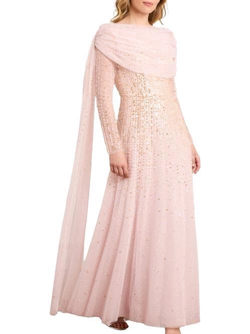 NEEDLE & THREAD Sequin Draped Gown - Shell/gold