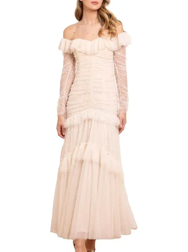 NEEDLE & THREAD Off-shoulder Sequin Glimmer Gown - Cream