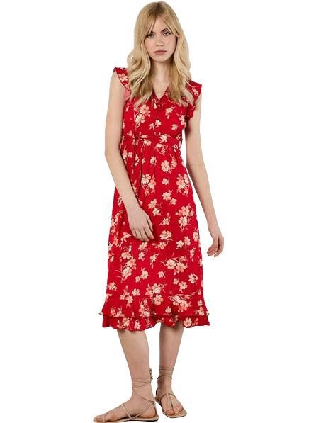 APRICOT Floral Ditsy Midi Dress With Ruffled Cap Sleeves - Red