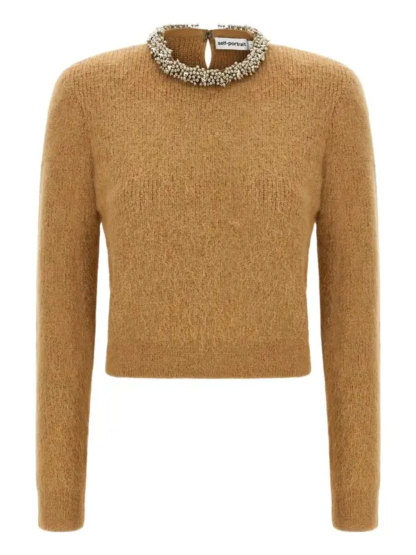 SELF-PORTRAIT Embellished Collar Knitted Sweater - Brown