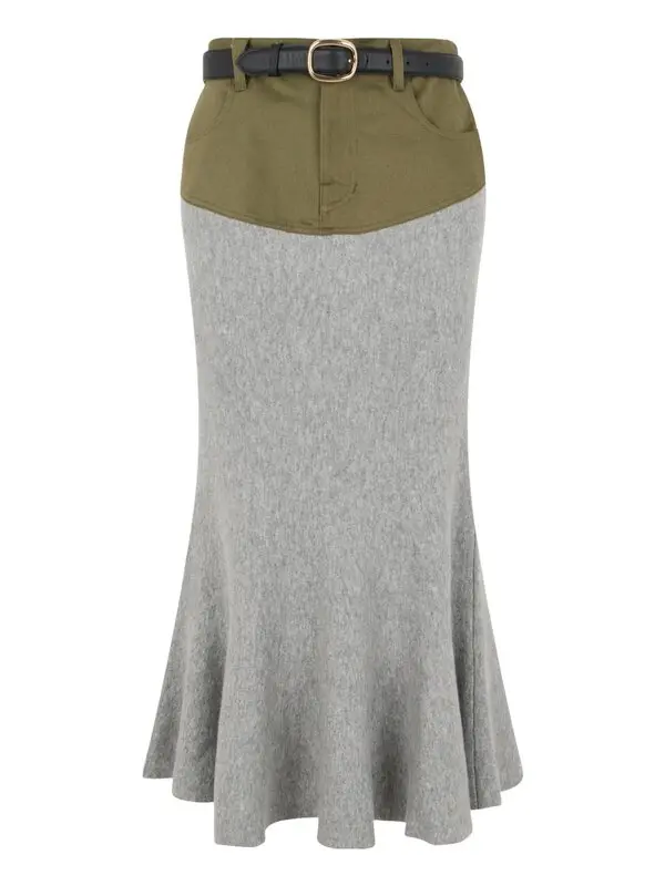 SELF-PORTRAIT Belted Contrast Panel Knitted Skirt - Grey