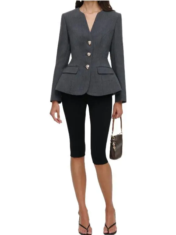 SELF-PORTRAIT Wool Collarless Jacket With Pearl-topped Gold Buttons - Grey