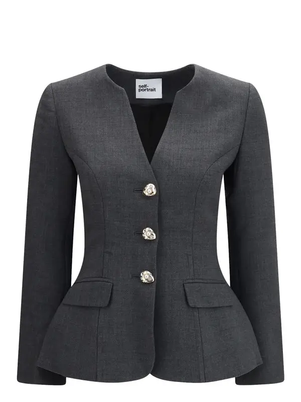 SELF-PORTRAIT Wool Collarless Jacket With Pearl-topped Gold Buttons - Grey