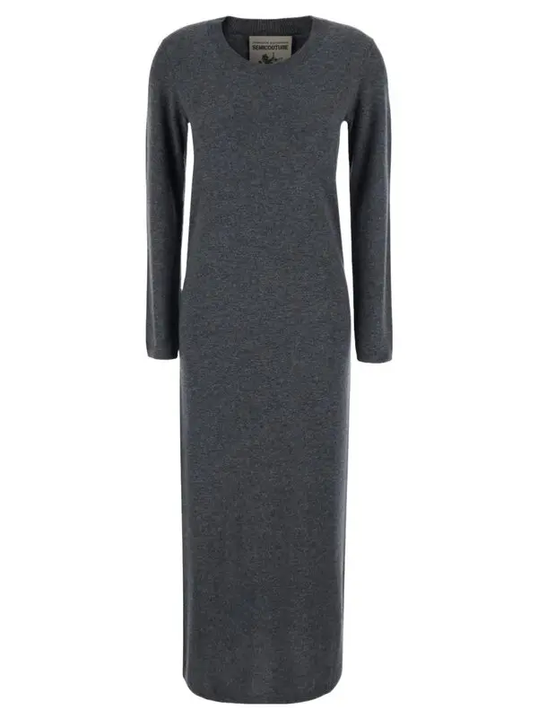 SEMICOUTURE Long Sleeve Round Neck Maxi Dress - Grey