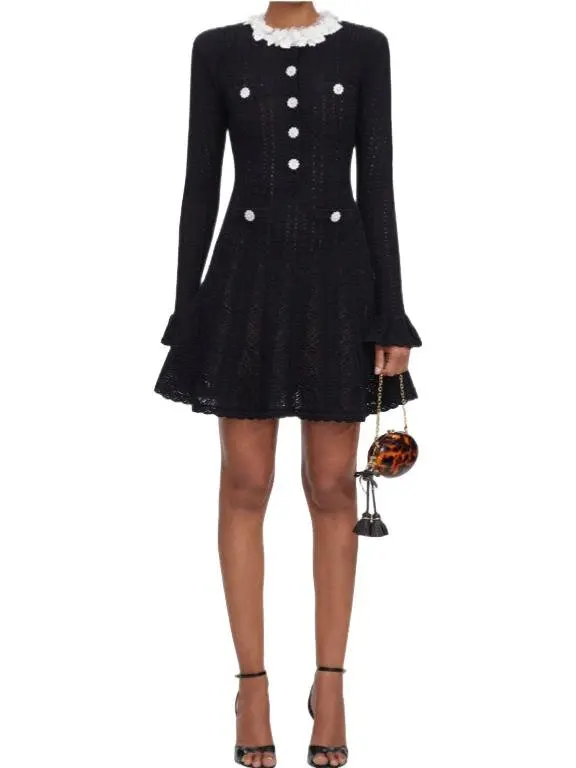 SELF-PORTRAIT Knit Mini Dress With Floral Trim - Black