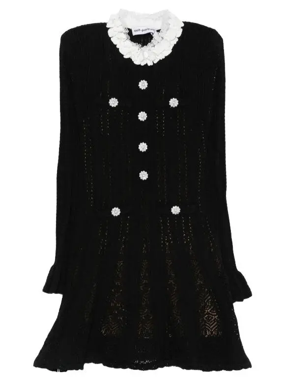 SELF-PORTRAIT Lace Trim Knit Mini Dress - Black