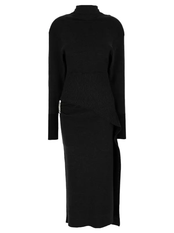 LANVIN Long Sleeve High Neck Stretch Dress With Side Slits - Black