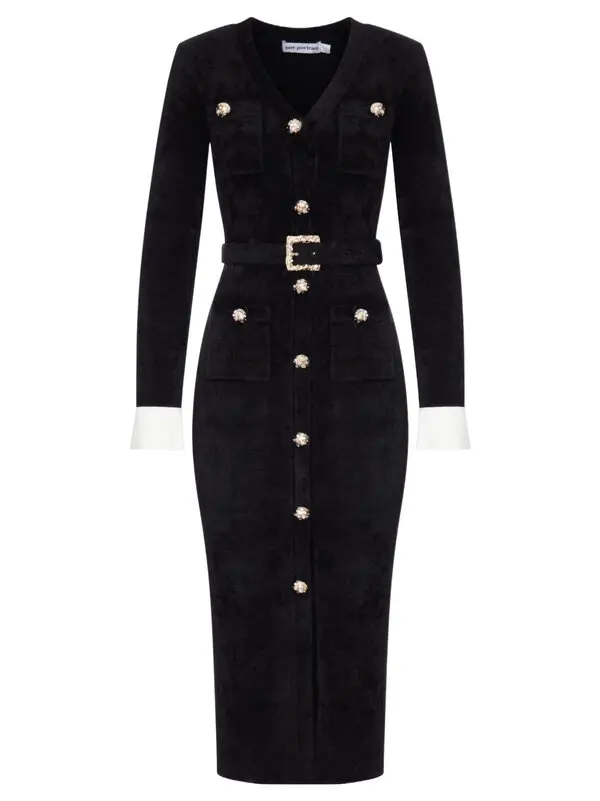 SELF-PORTRAIT Belted Buttoned Midi Dress - Black