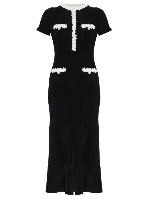 SELF-PORTRAIT Floral-appliqué Ribbed-knit Midi Dress - Black
