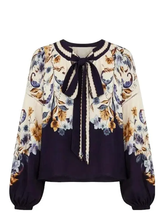 Farm Rio Long Sleeve Top With Neck Tie Detail - Navy Blue