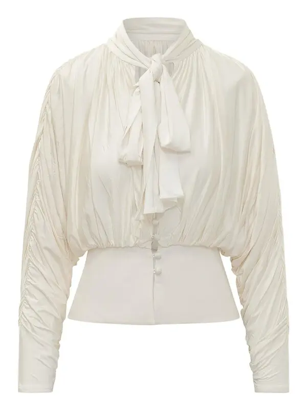 SELF-PORTRAIT Draped Tie-neck Top With Button Closure - Cream