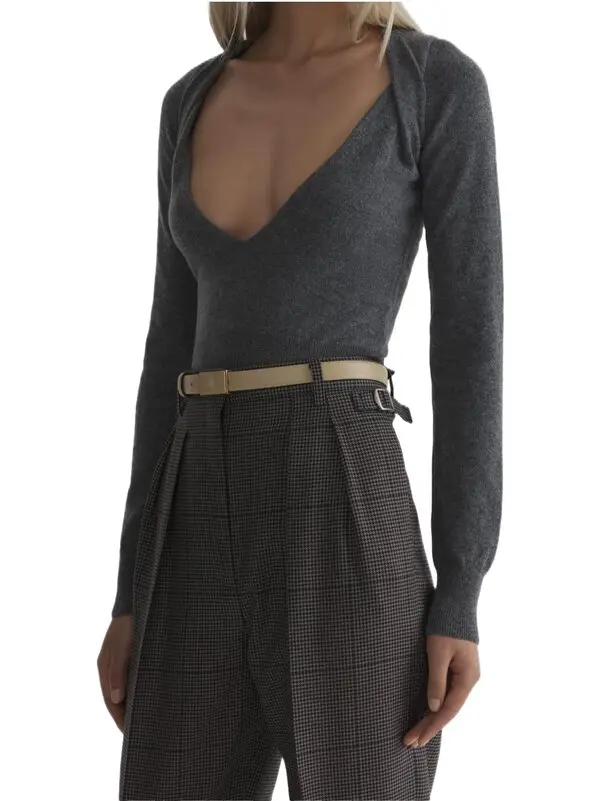 MUGLER Cashmere V-neck Knit Top - Grey
