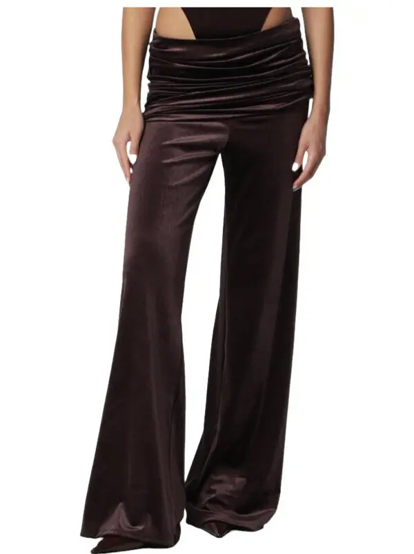 Andamane Velvet-effect Draped Waistband Flared Trousers - Dark Brown