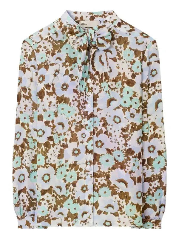 Tory Burch Printed Viscose Bow Blouse - Blue