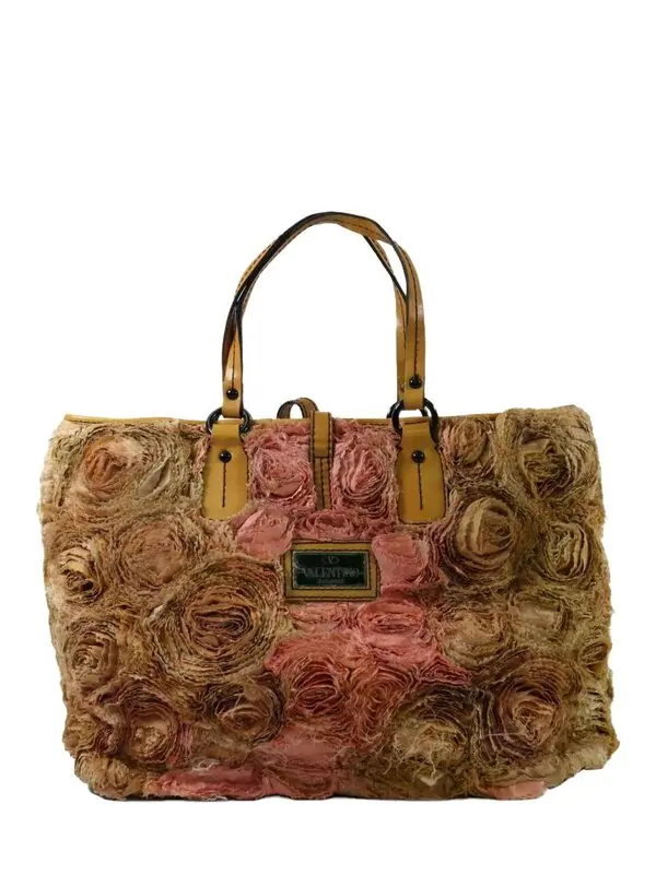 Valentino Garavani Floral Appliqué Leather Trim Tote Bag - Brown