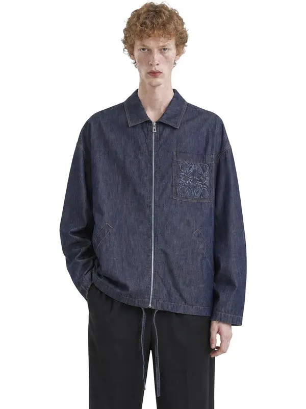 Loewe Lightweight Cotton Chambray Jacket With Fringed Anagram Patch - Blue