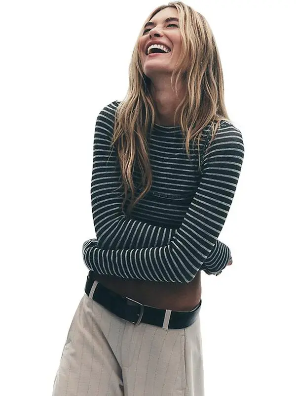 Free People Intimately Just Enough Stripe Long Sleeve Crewneck Top - Grey Combo