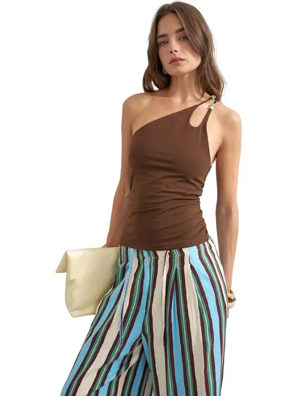 Topshop One Shoulder Beaded Strap Top - Brown
