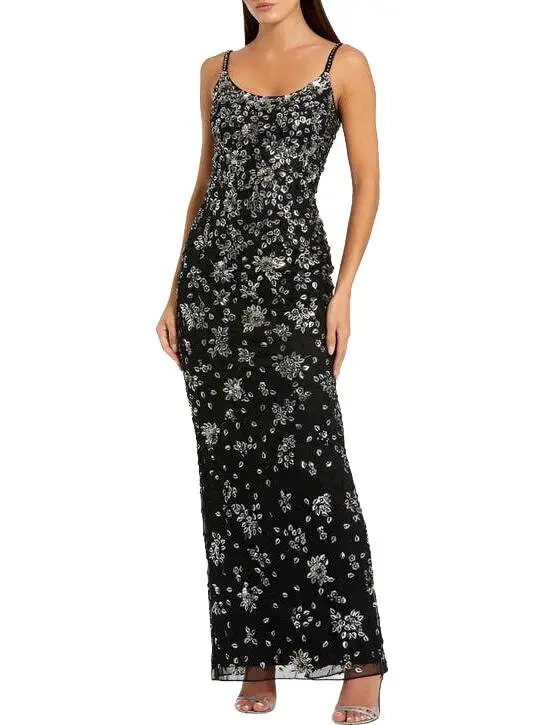 Mac Duggal Embellished Floral Evening Gown - Black Silver