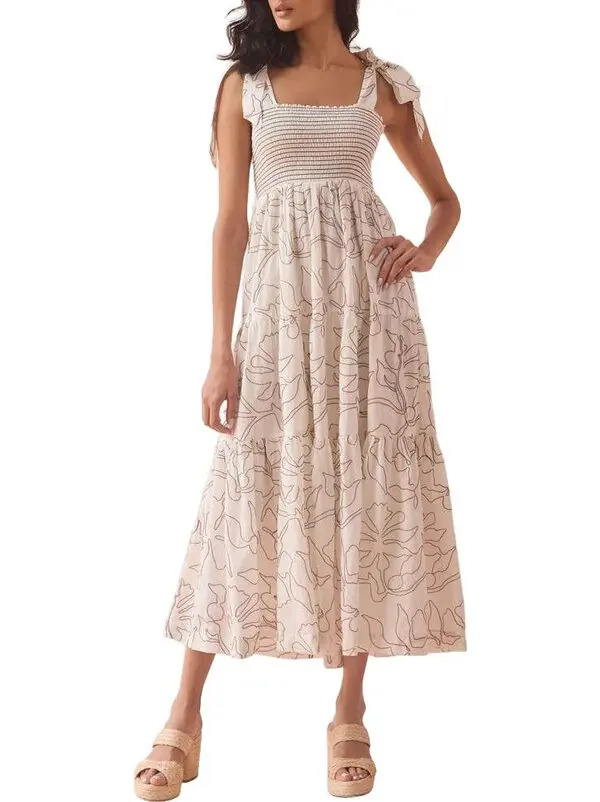Omika Cotton Lana Maxi Dress With Bow Tie Straps And Smocked Bodice - Uma Coconut